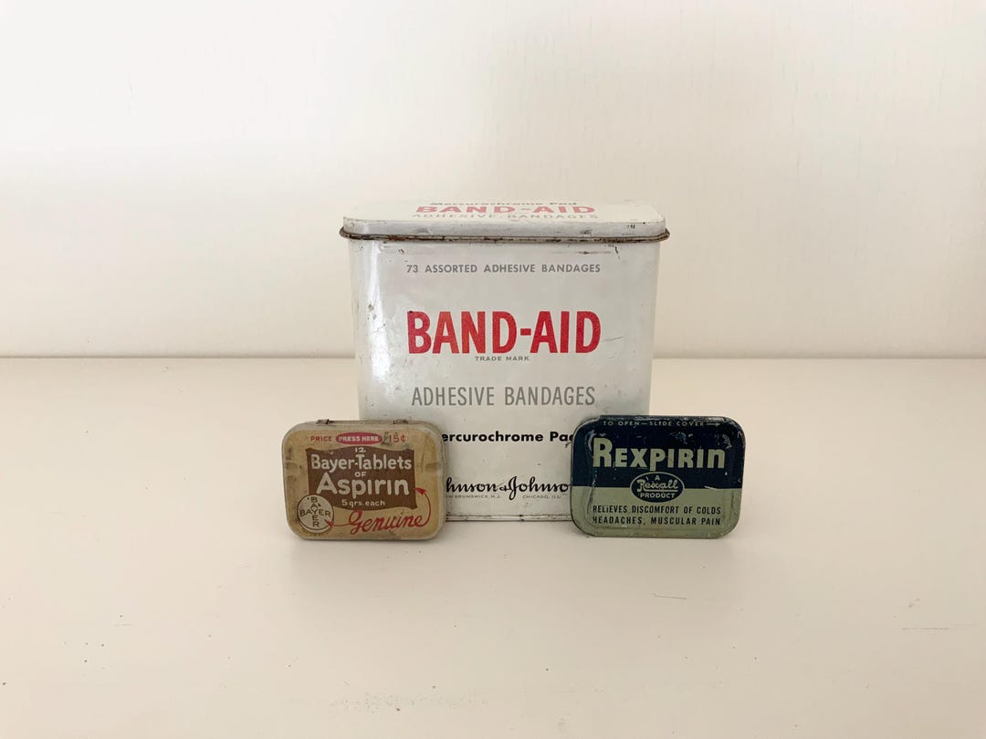 Vintage Metal Band-aid Tin- Assorted Adhesive Bandages Container Bayer ...
