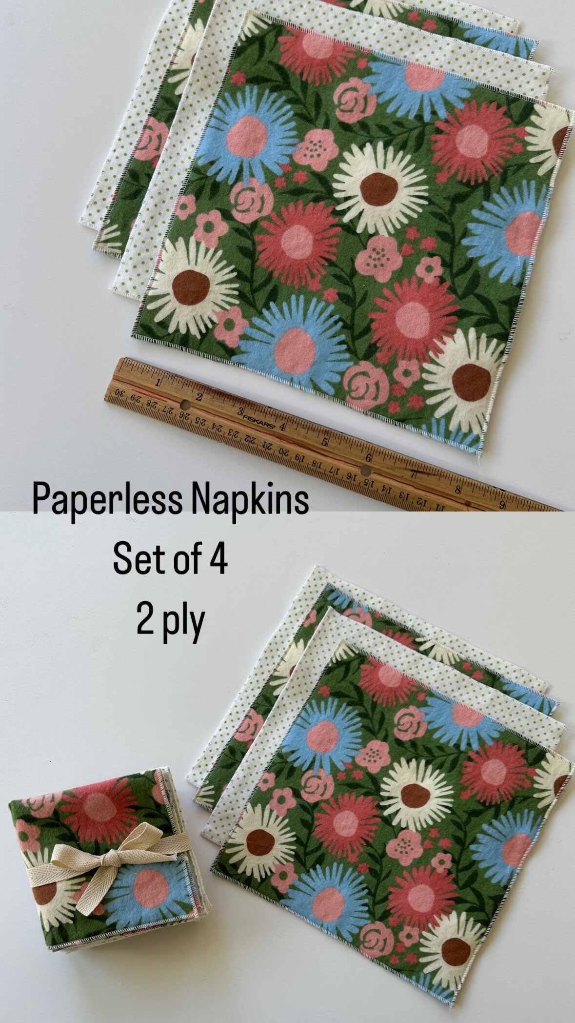 Set of 4 Paperless Napkins, Dual Ply, Fabric Cloths, Reusable, Washable ...