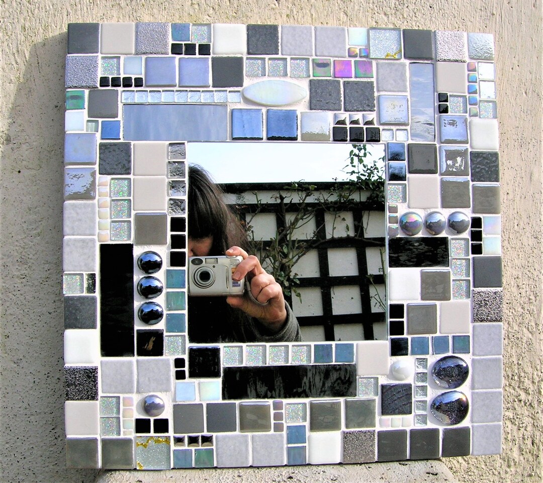 Briare Enamel Mirror — Silver-grey and White Glass Mosaic, Painted ...