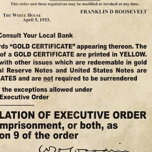 1933 FDR Gold Confiscation Notice – Executive Order 6102 (12x18 100% ...
