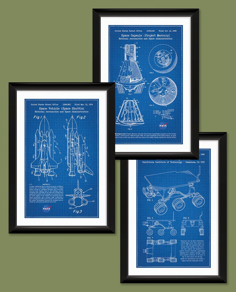 NASA Blueprints (space Shuttle/mercury Capsule/mars Rover) 3pc Poster ...