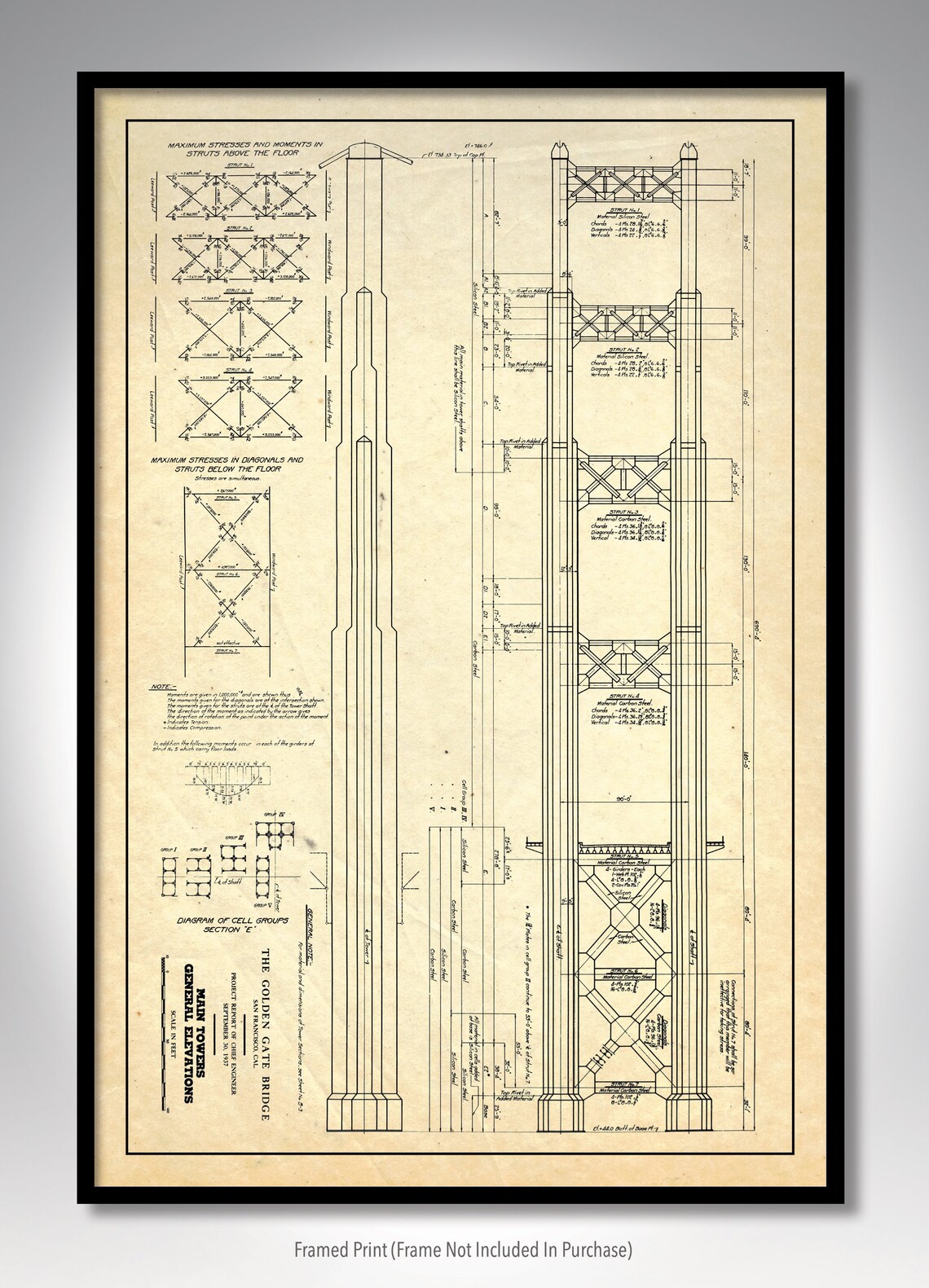 Golden Gate Bridge Blueprint - San Francisco Technical Drawing Print - Etsy