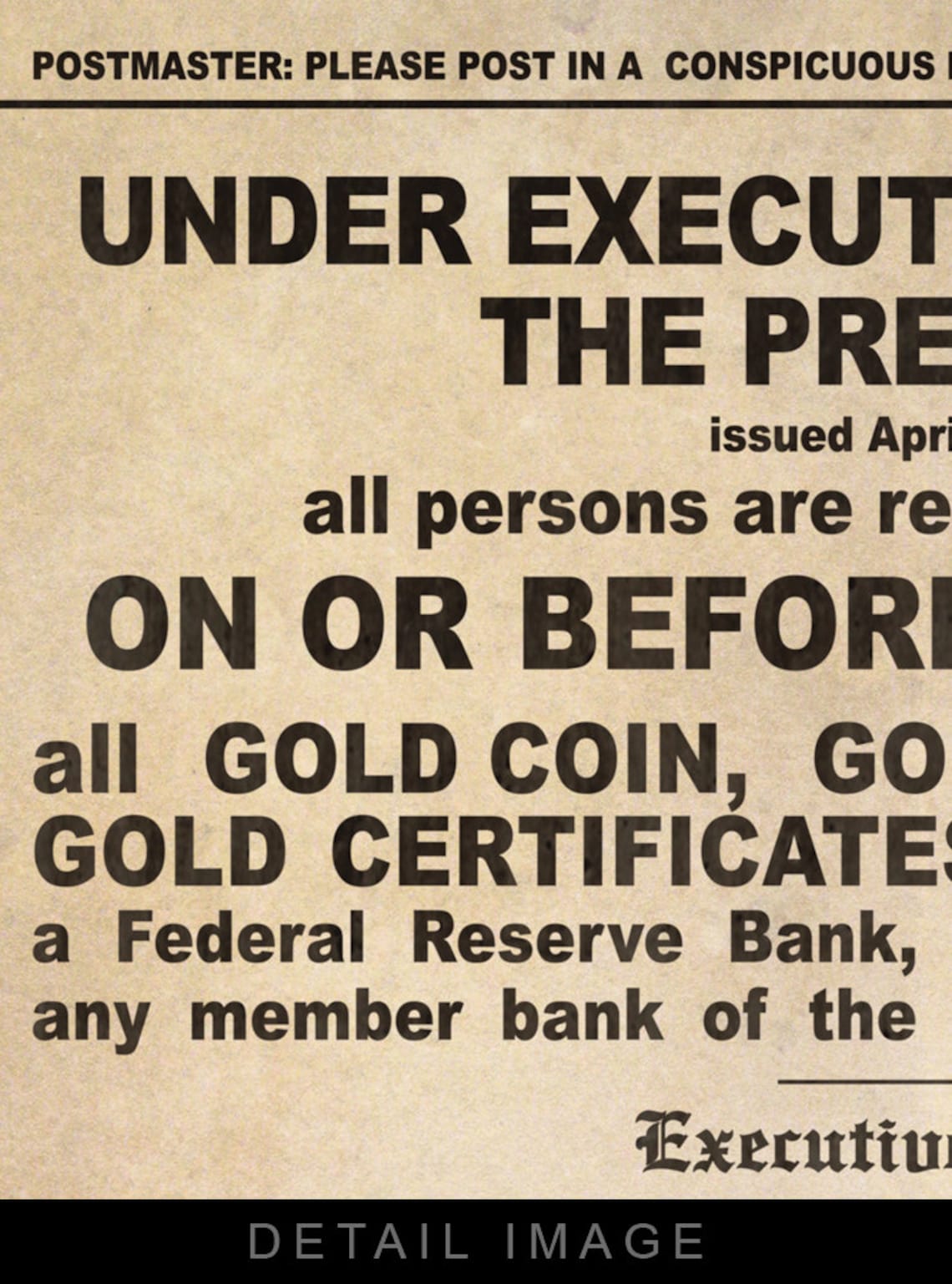 1933 FDR Gold Confiscation Notice – Executive Order 6102 (12x18 100% ...