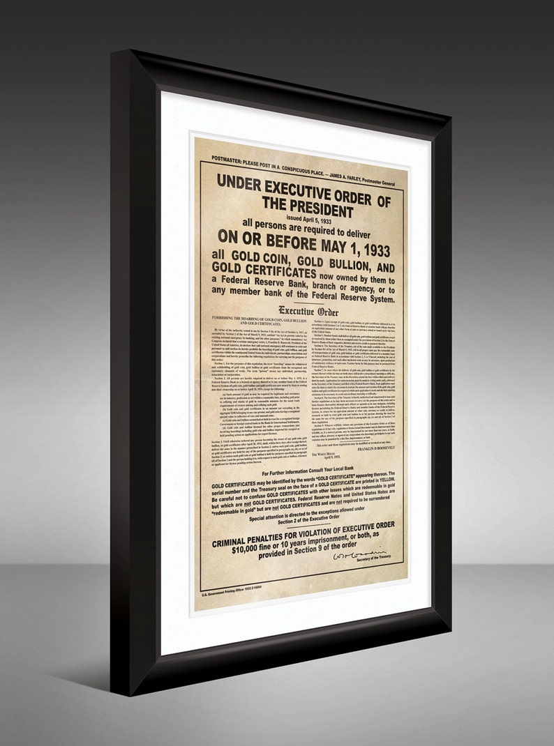 1933 FDR Gold Confiscation Notice – Executive Order 6102 (12x18 100% ...