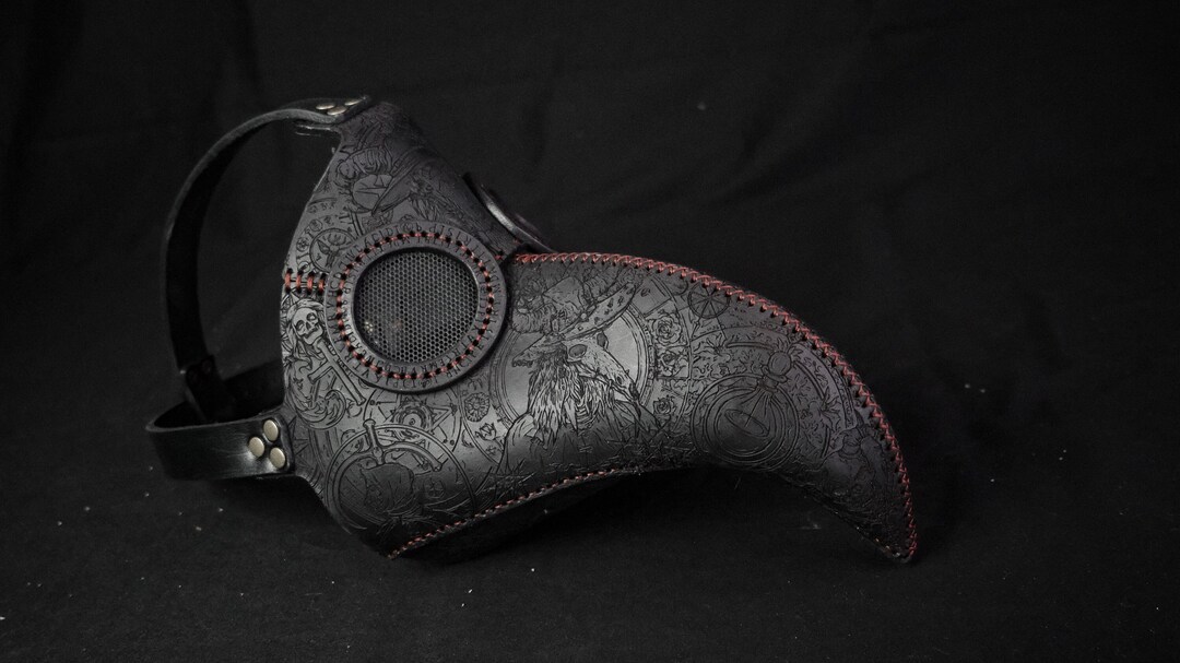 Non-fogging Lenses Black Death Doctor Engraved Mask Genuine Leather ...
