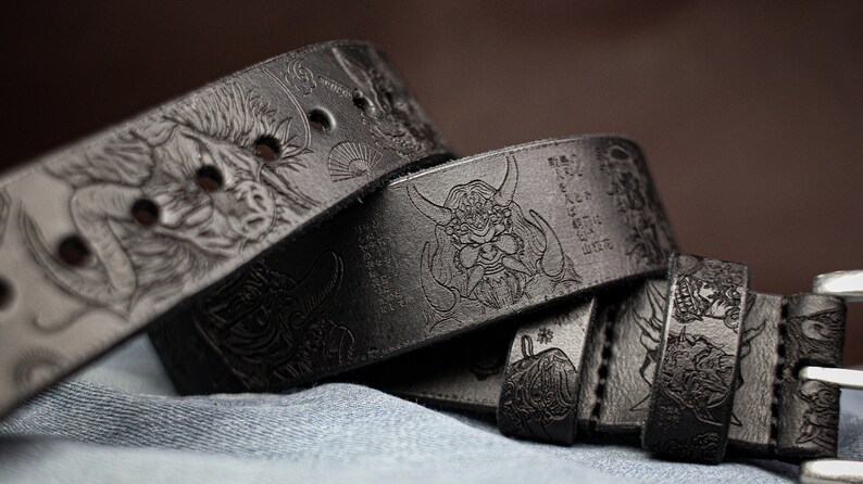 Black Japanese Style Leather Belt Engraving Belt Custom - Etsy