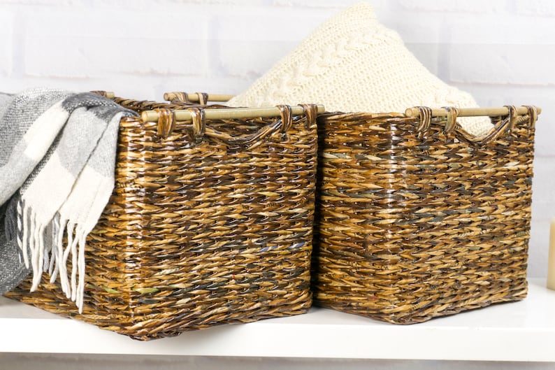 Large Rectangular Wicker Storage Basket With Label and Bamboo - Etsy