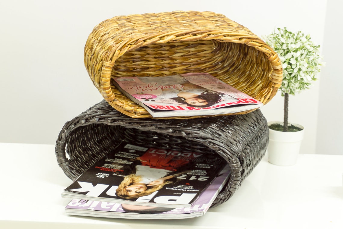 Wicker Magazine Rack Oval Newspaper Basket Paper Storage | Etsy