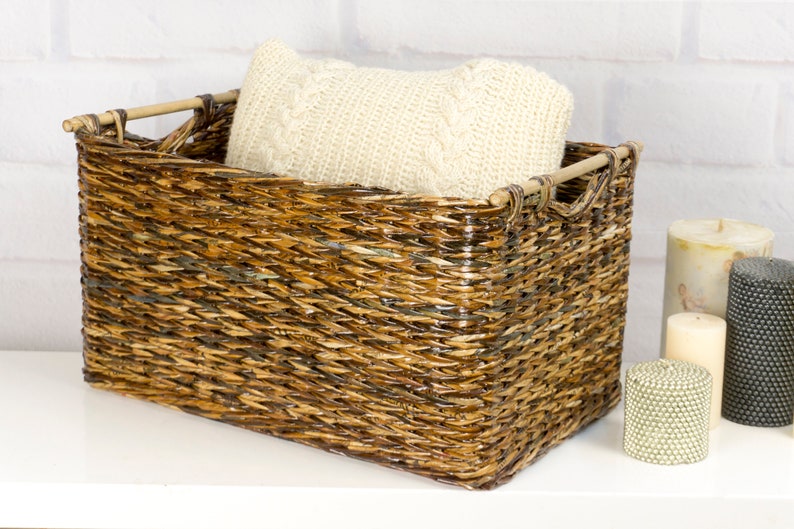 Large Rectangular Wicker Storage Basket With Label and Bamboo - Etsy