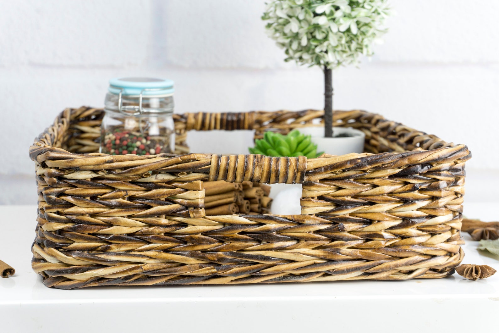 Hand Woven Coffee Table Large Tray, Rustic Square Wicker Basket Tray ...