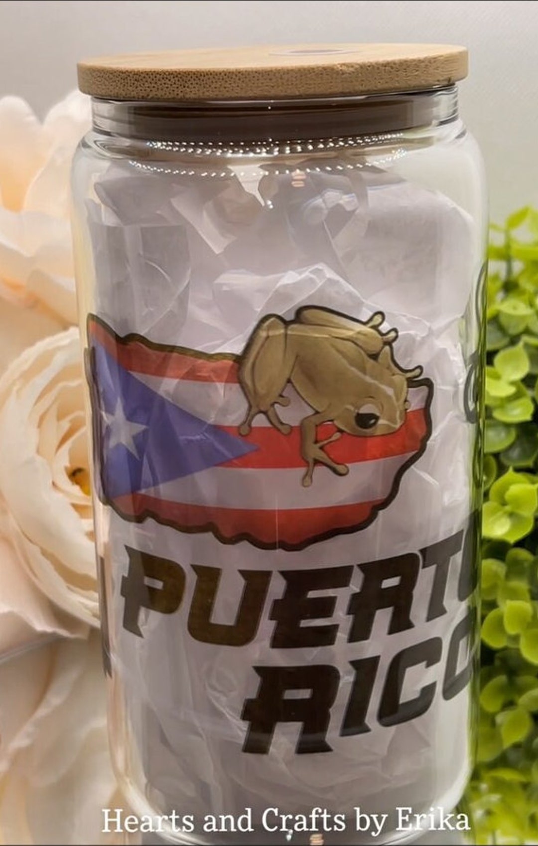 Puerto Rico Symbols 16oz Clear Glass Can Cooler Wbamboo Lid straw ...
