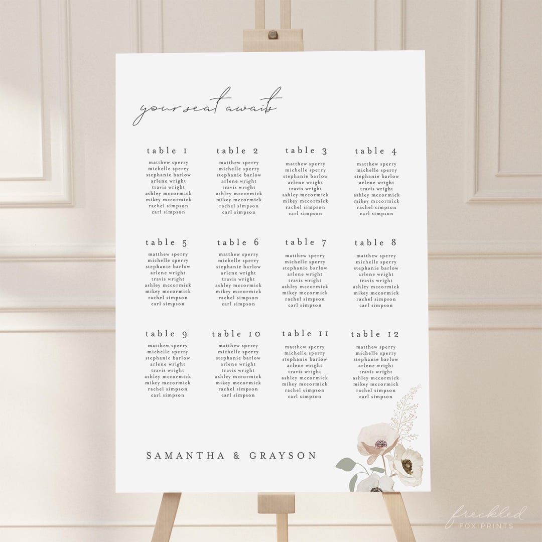 Elegant Floral Wedding Seating Chart Template - Printable Table Plan ...