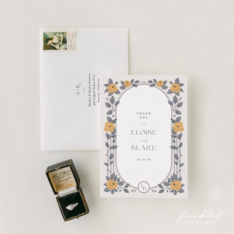Art Deco Floral Monogram Wedding Thank You Card Template, ELO - Etsy