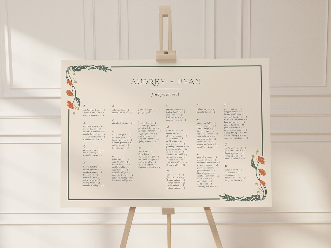 Vintage Art Nouveau Seating Chart, Seating Chart Template, Alphabetical ...