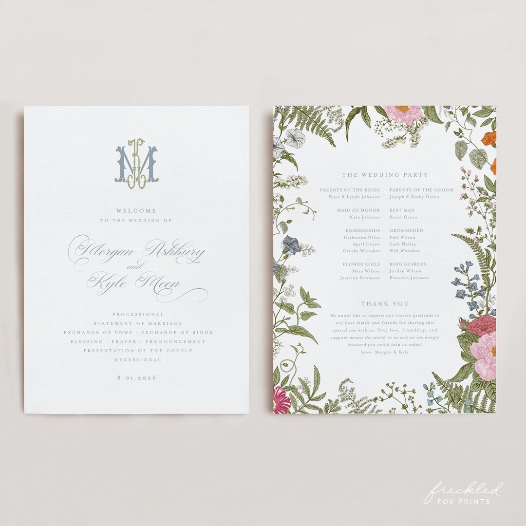 Vintage Boho Wildflower Wedding Program Template Printable Editable ...