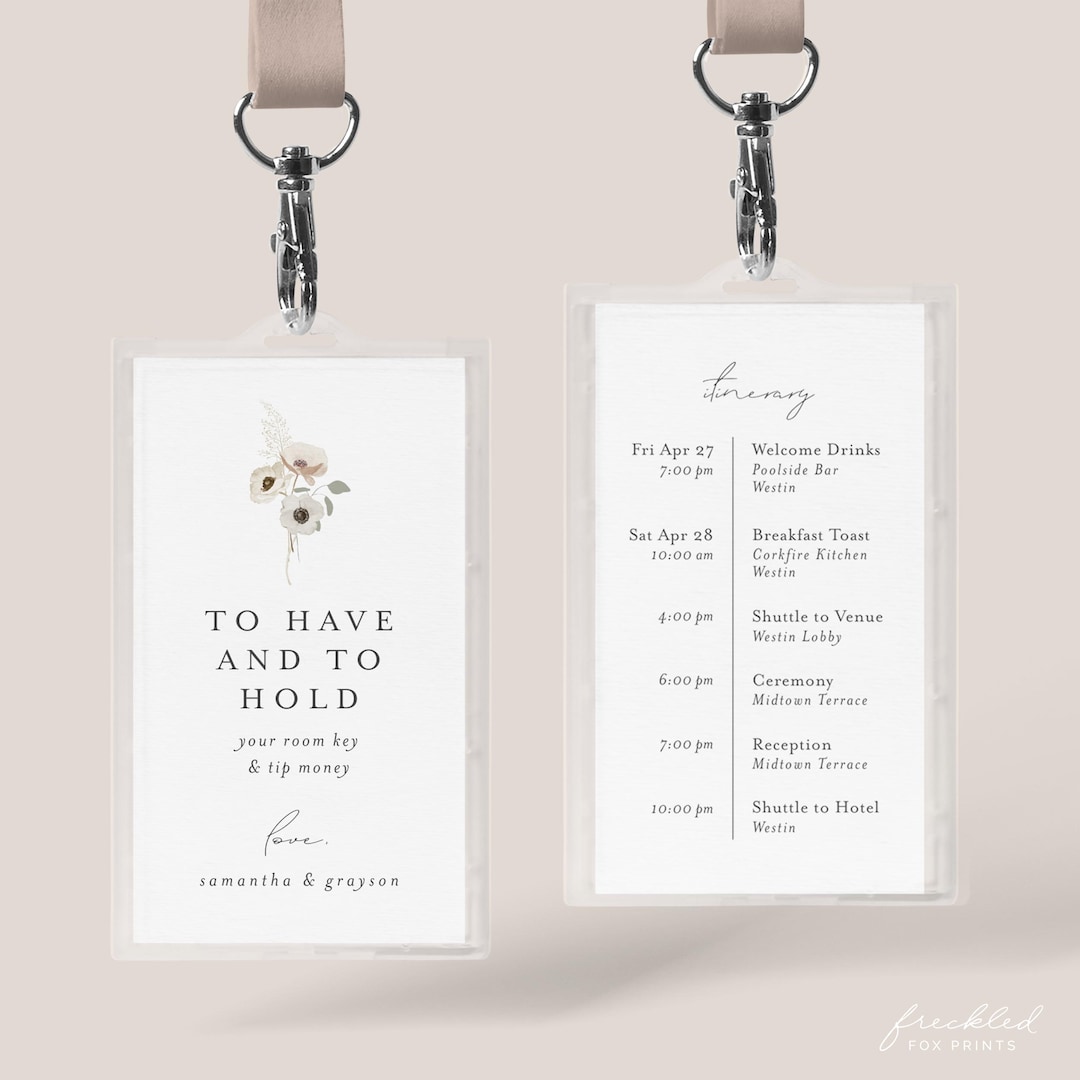 Floral Hotel Room Key Tag, Hotel Key Card Template, Printable Wedding ...