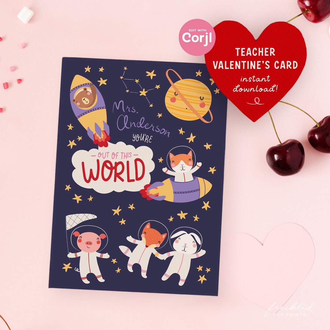 Printable Teacher Valentine Card | Hand Drawn Animal Design | Editable ...