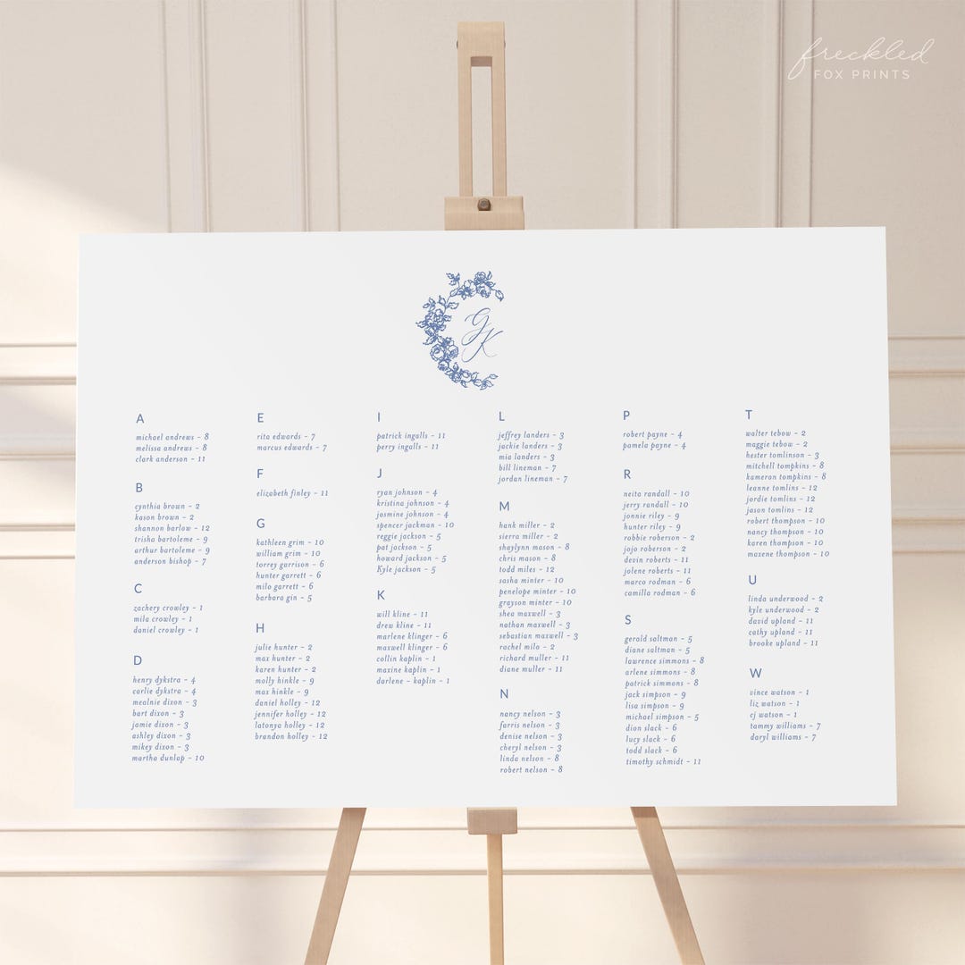 Elegant Blue Regency Wedding Seating Chart Template Printable, CHA - Etsy