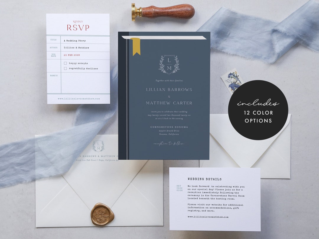 Monogram Book Wedding Invitation, Literary Wedding Invitation, Book ...