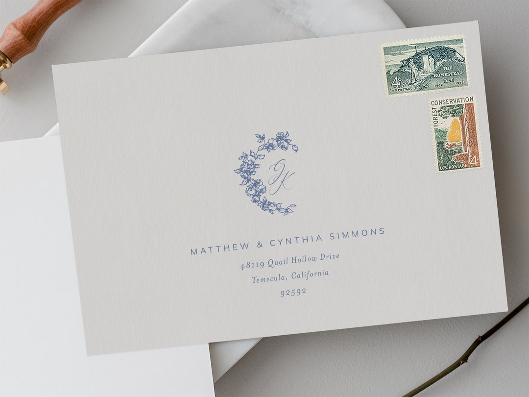 Blue Regency Monogram Envelope Addressing, Crest Envelope Template ...