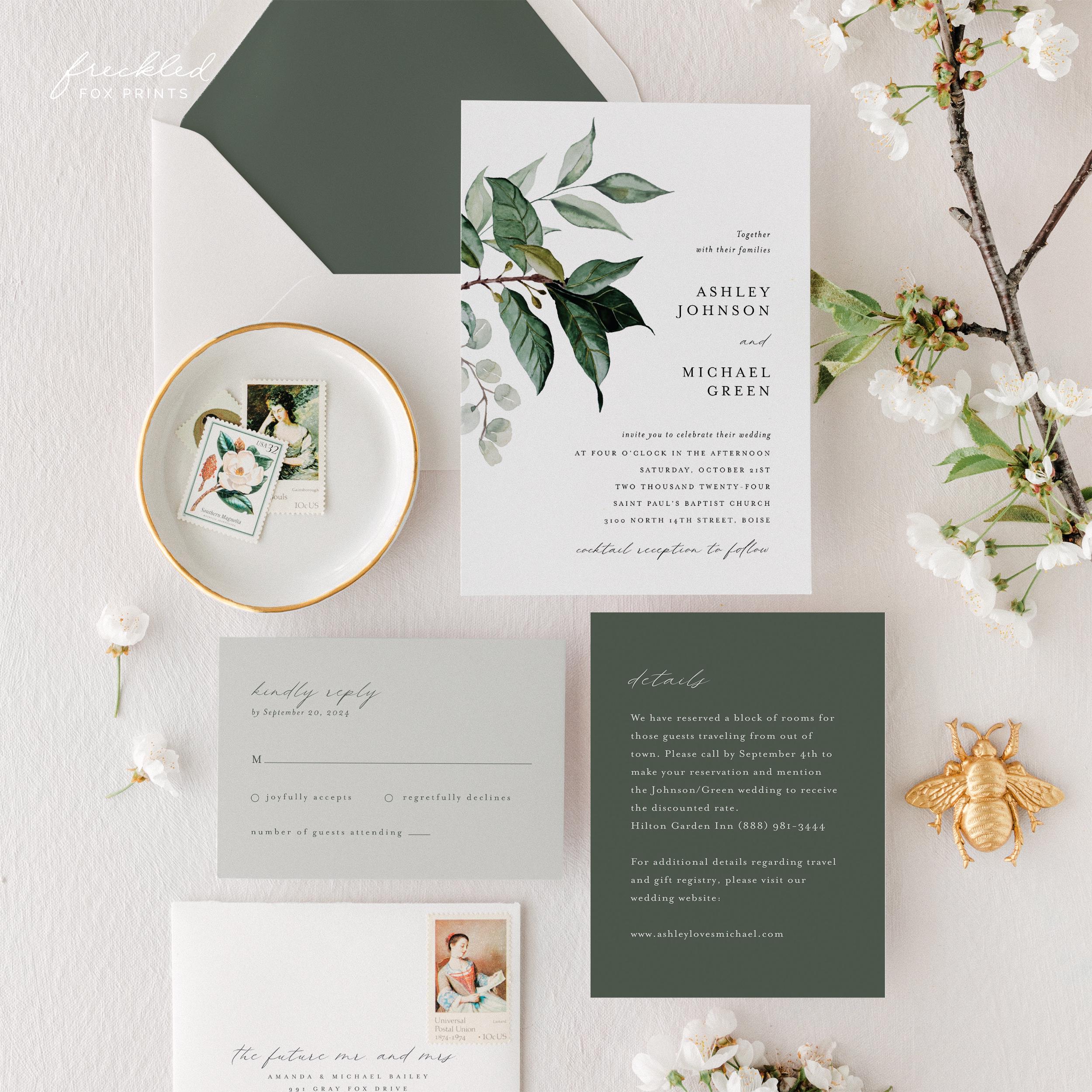 Greenery Wedding Invitation, Elegant Botanical Printable Template ...