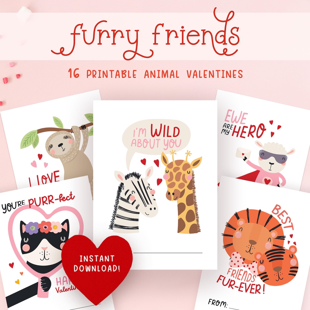 Printable Animal Valentine Cards for Kids | 16 Hand-drawn Classroom ...
