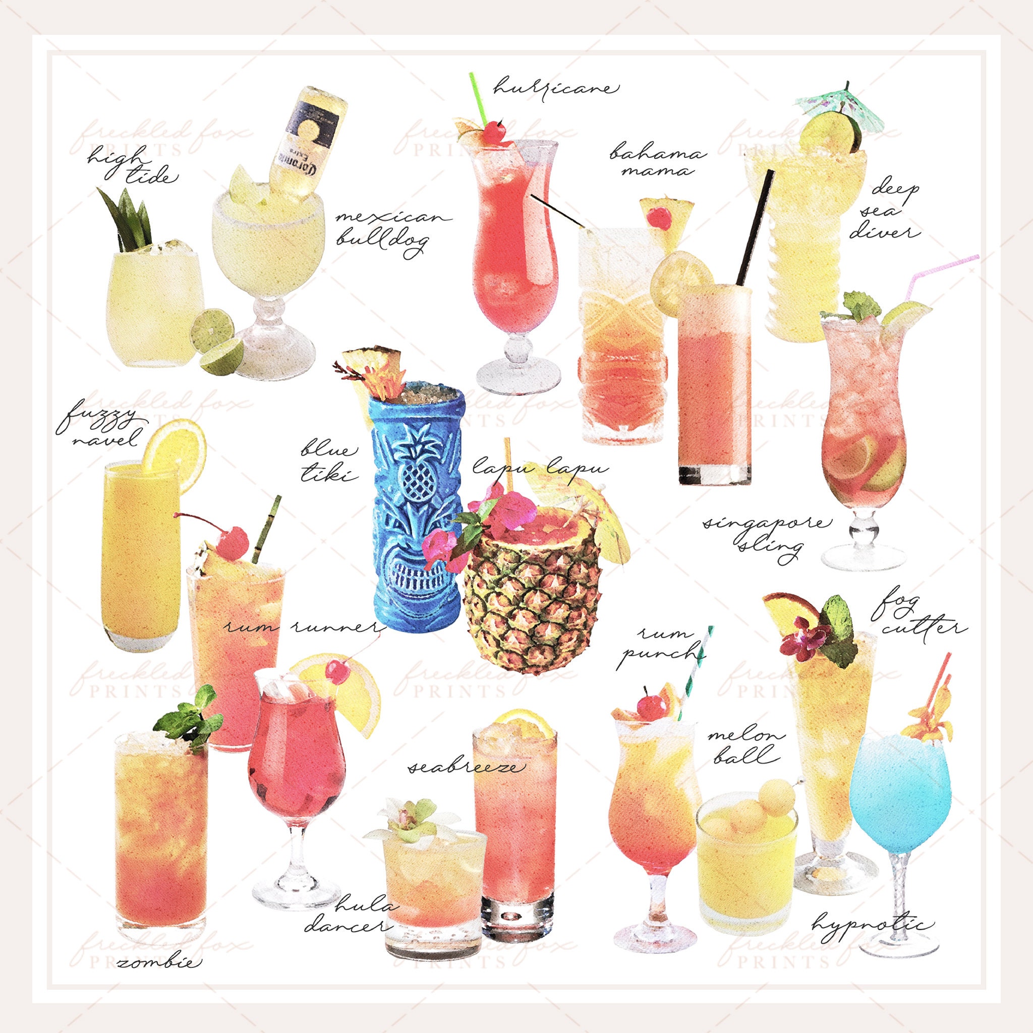 Tropical Cocktail Illustrations Drinks Clipart Watercolor - Etsy