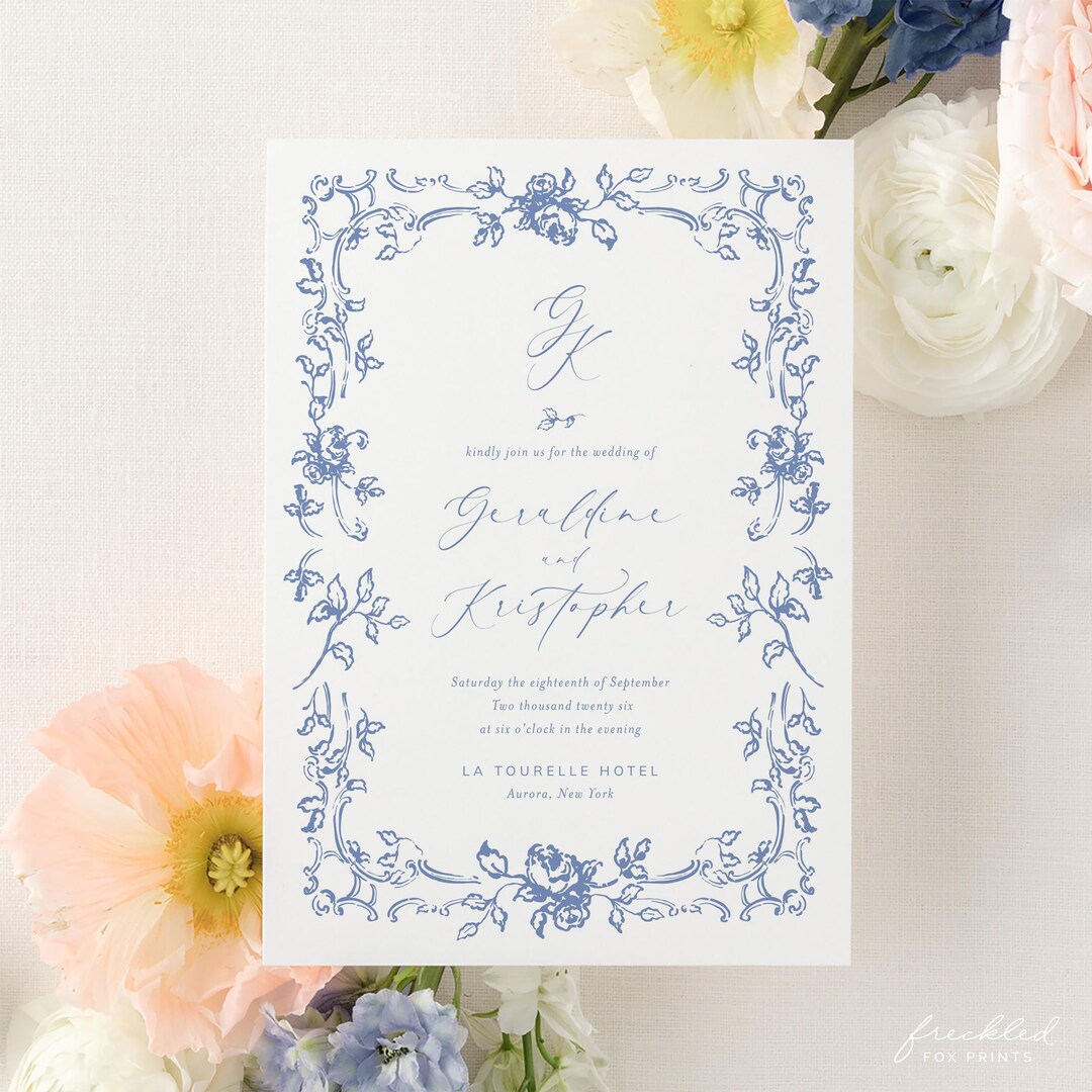 Elegant Blue Regency Wedding Invitation With Monogram Design, CHA - Etsy