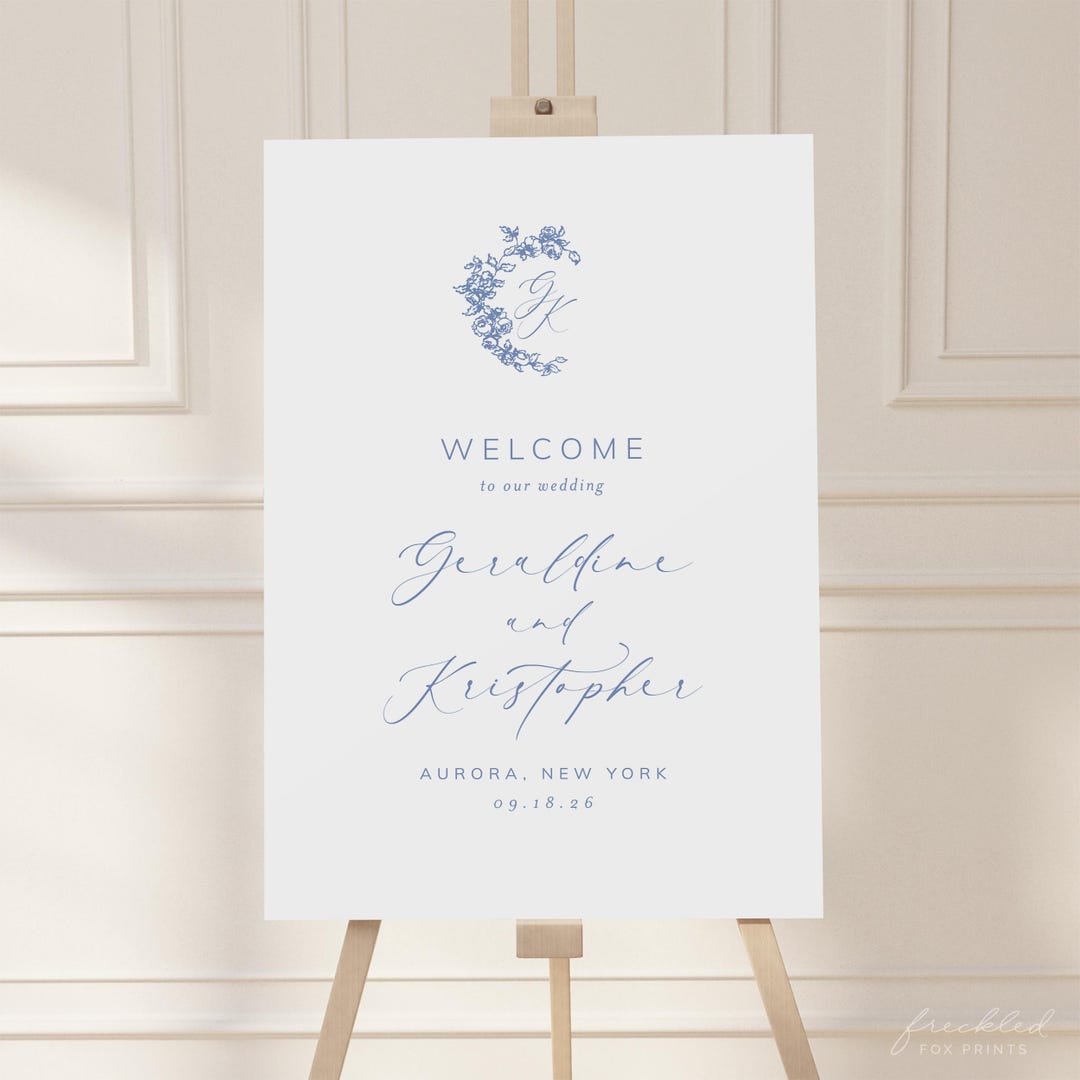 Vintage Blue Regency Wedding Welcome Sign Template Monogram Printable ...