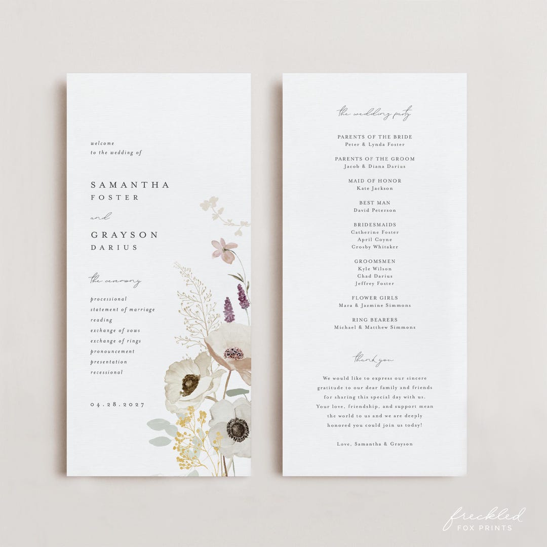Rustic Wildflower Wedding Program Template: Boho Ceremony Schedule ...