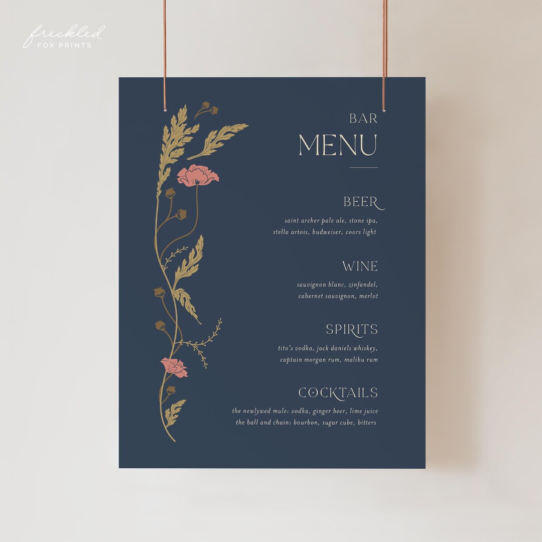 Editable Vintage Art Nouveau Bar Menu for Weddings in Navy Blue, ART3 ...