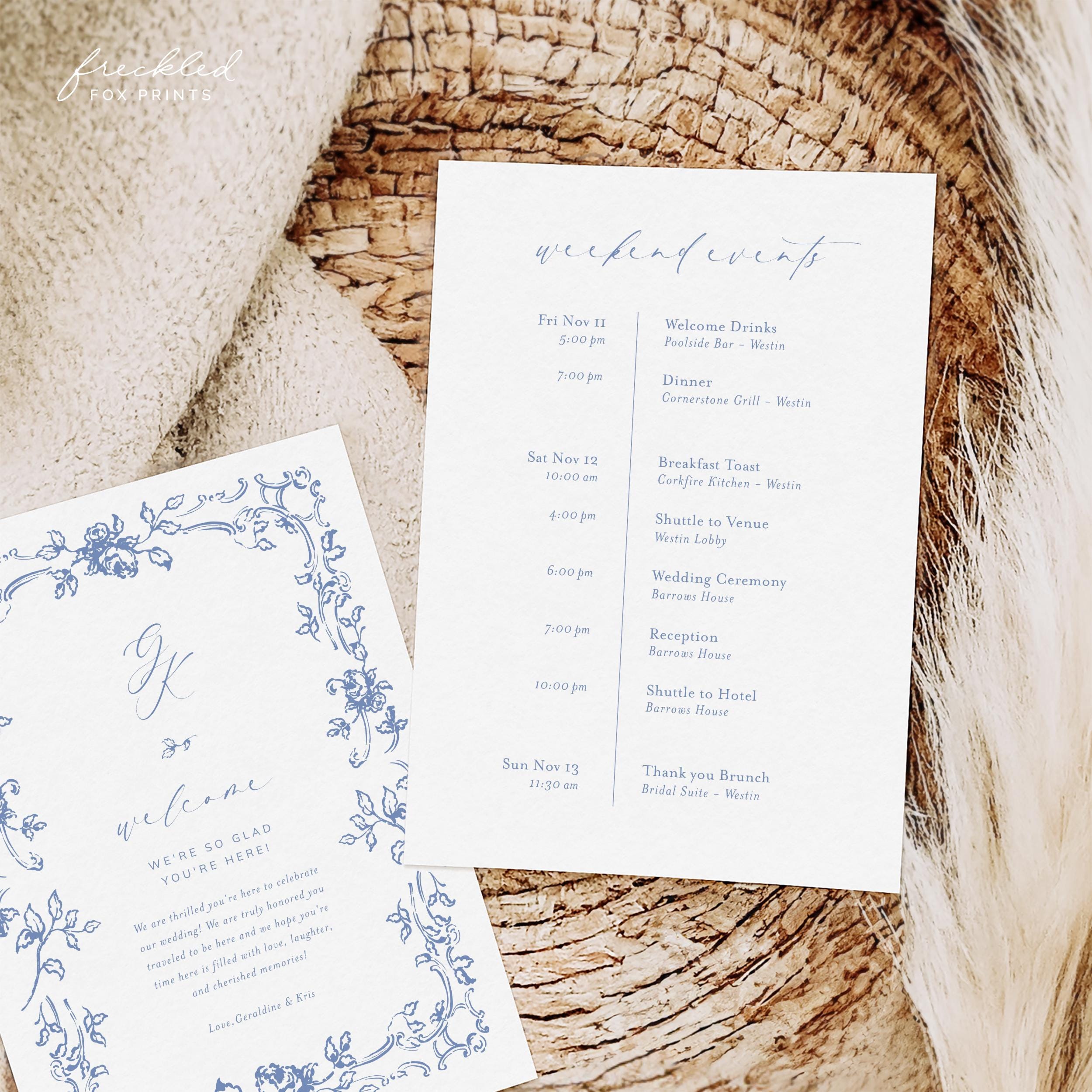 Blue Regency Wedding Weekend Itinerary and Welcome Card Template, CHA ...