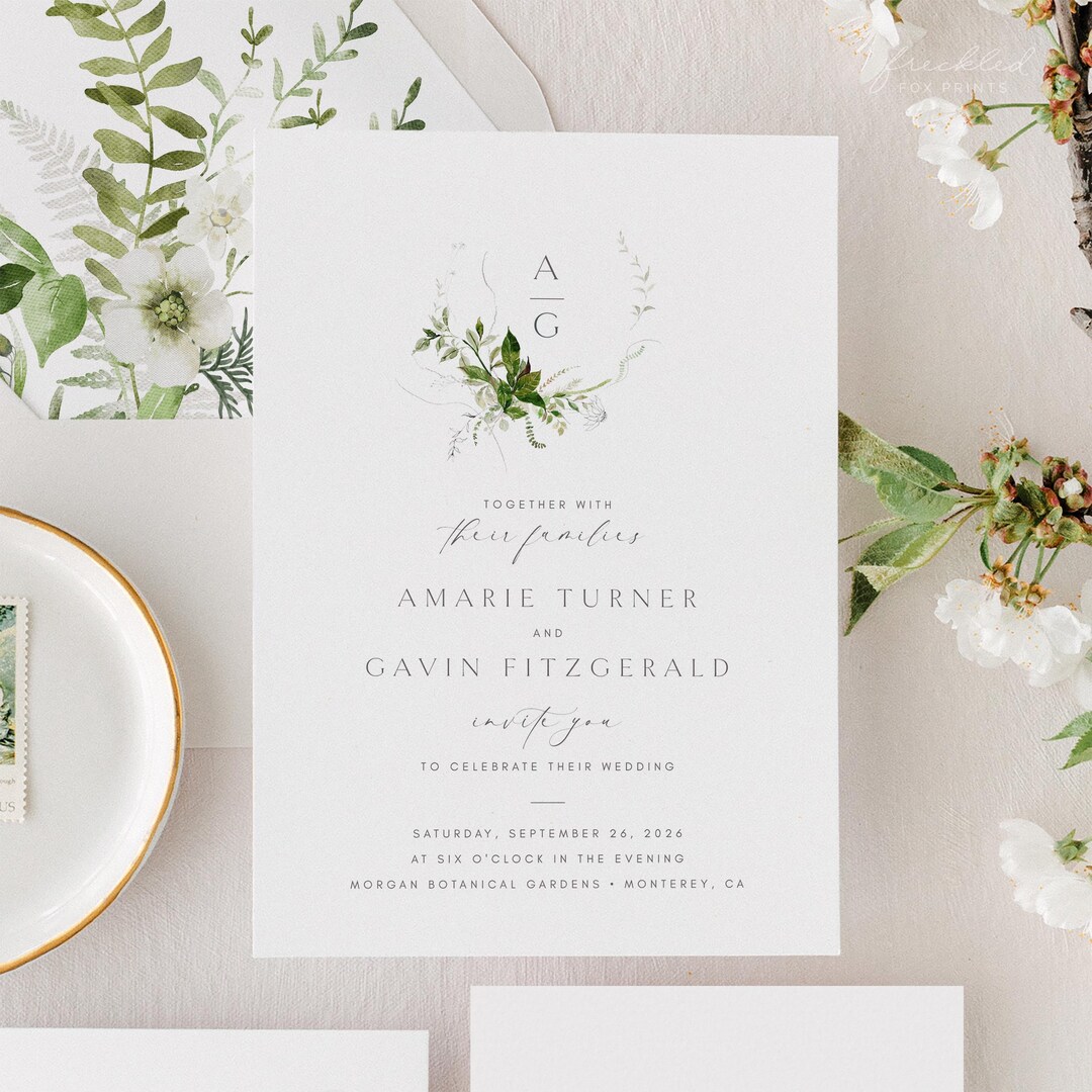 Elegant Floral Monogram Greenery Wedding Invitation Template ...