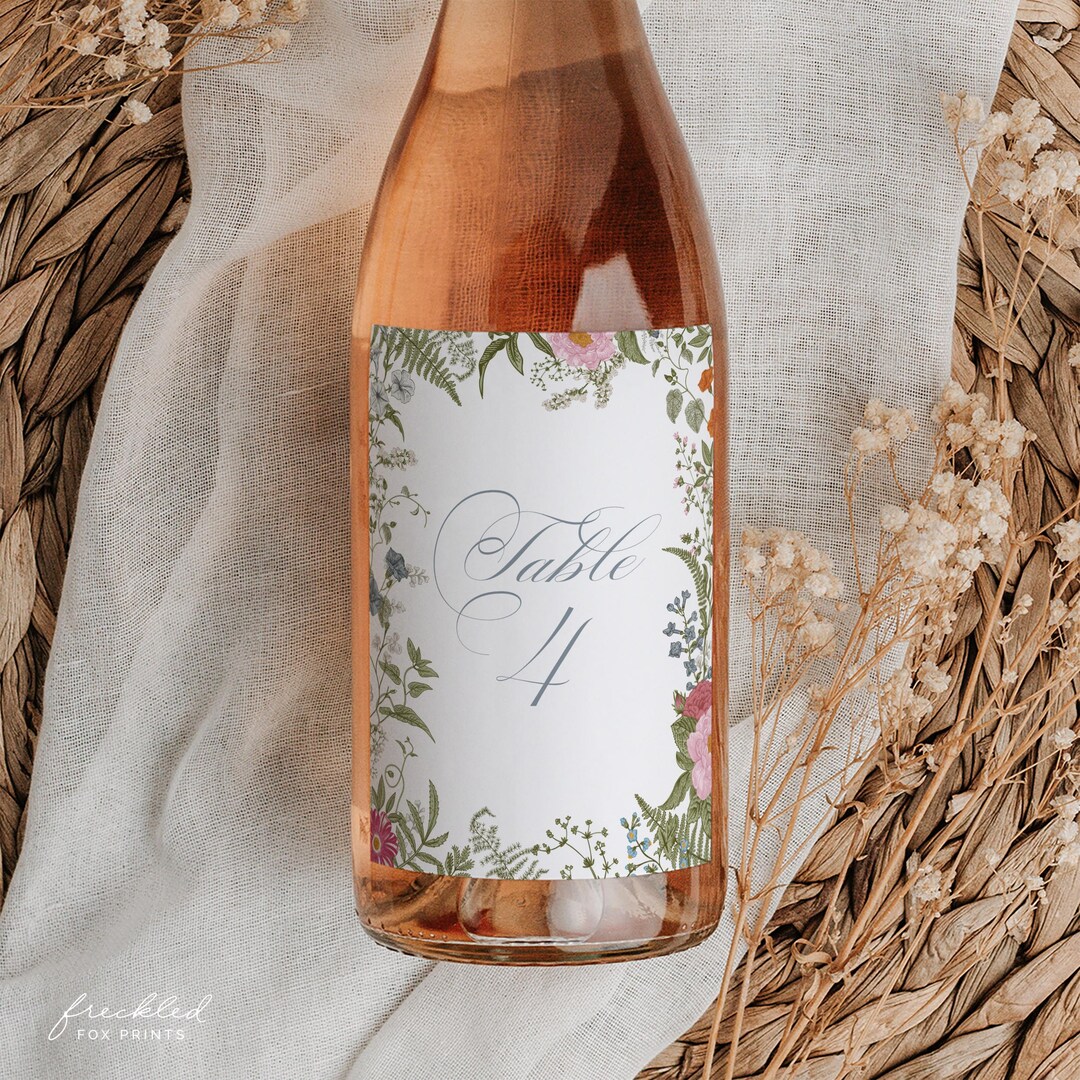Vintage Boho Wildflower Wine Bottle Table Number Label Template ...