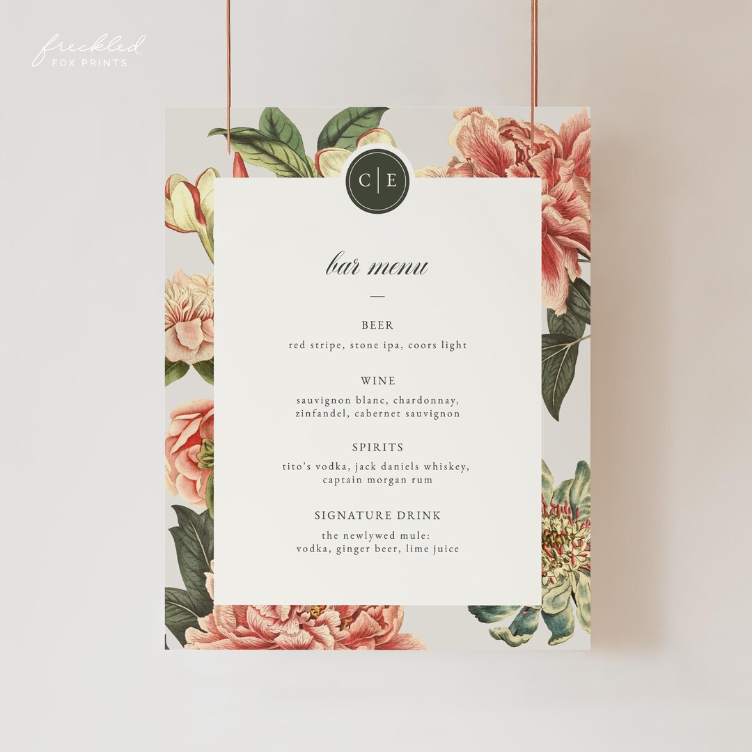 Bohemian Monogram Wedding Bar Menu Sign: Customizable Printable ...