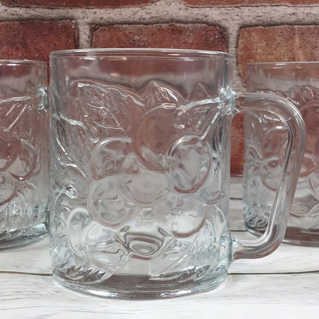 KIG Set of 4 Vintage Heavy Clear Glass Mugs Embossed Grapes & Leaves ...