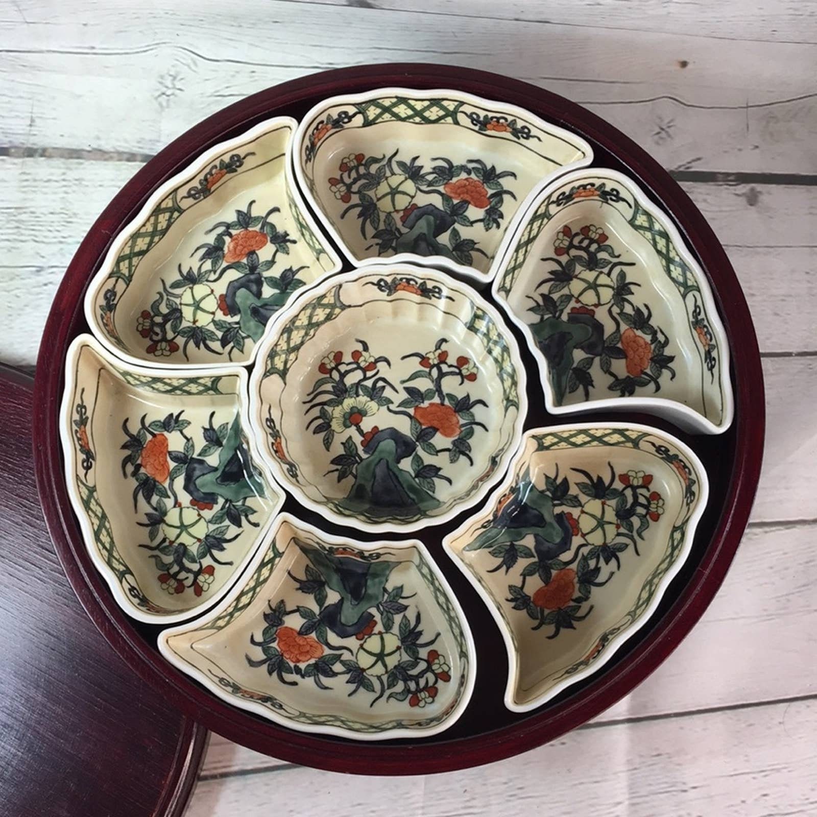 RARE Vintage Porcelain Lazy Susan Relish Trays in Round Wood Box W/ Lid ...