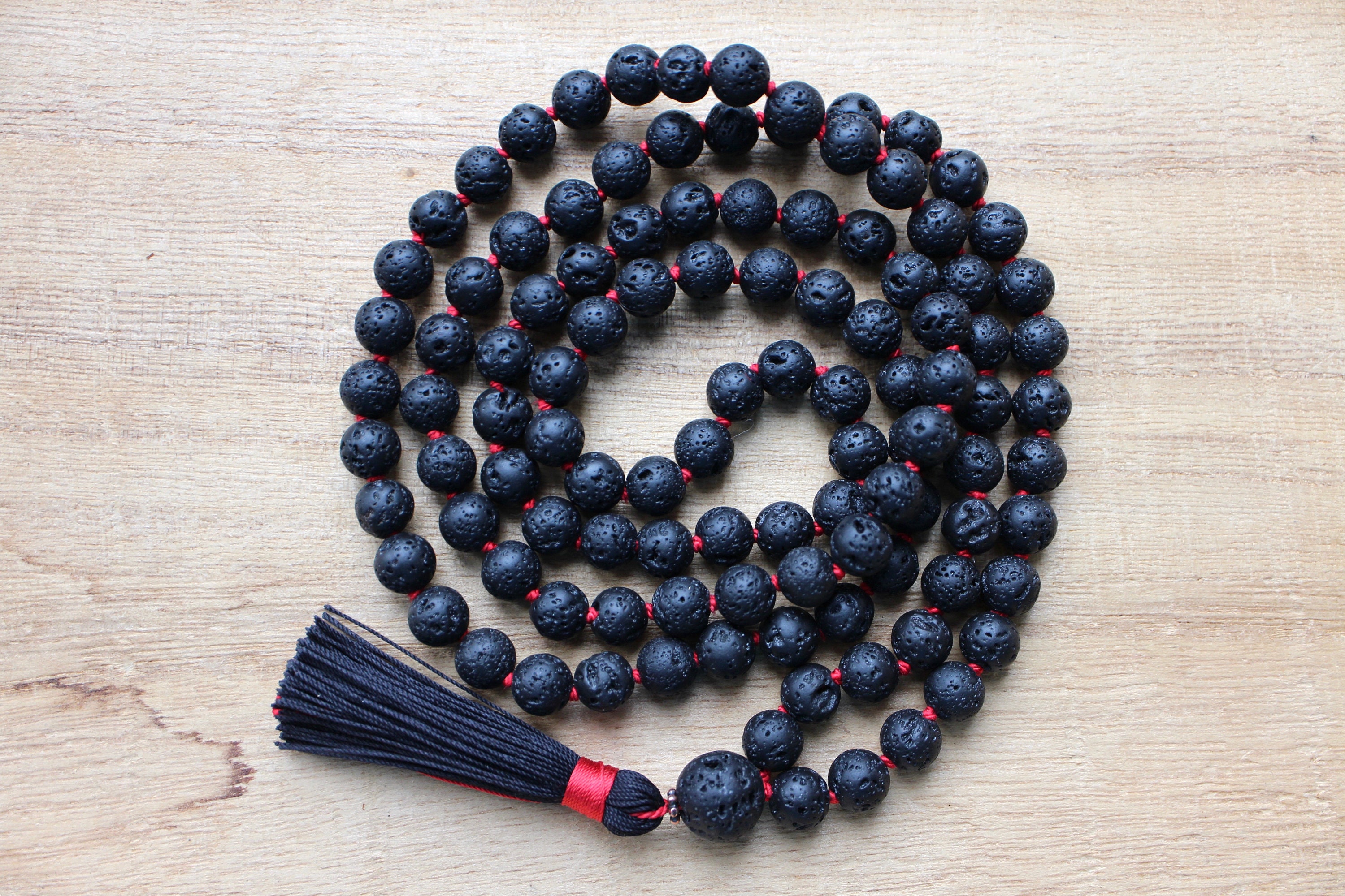 Lava Stone Mala Beads, 108 Mala Necklace, Knotted Mala, Tassel Necklace ...