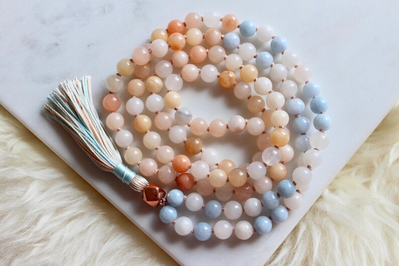 Aquamarine Mala Beads 108, Aventurine Mala Necklace, Knotted Mala ...