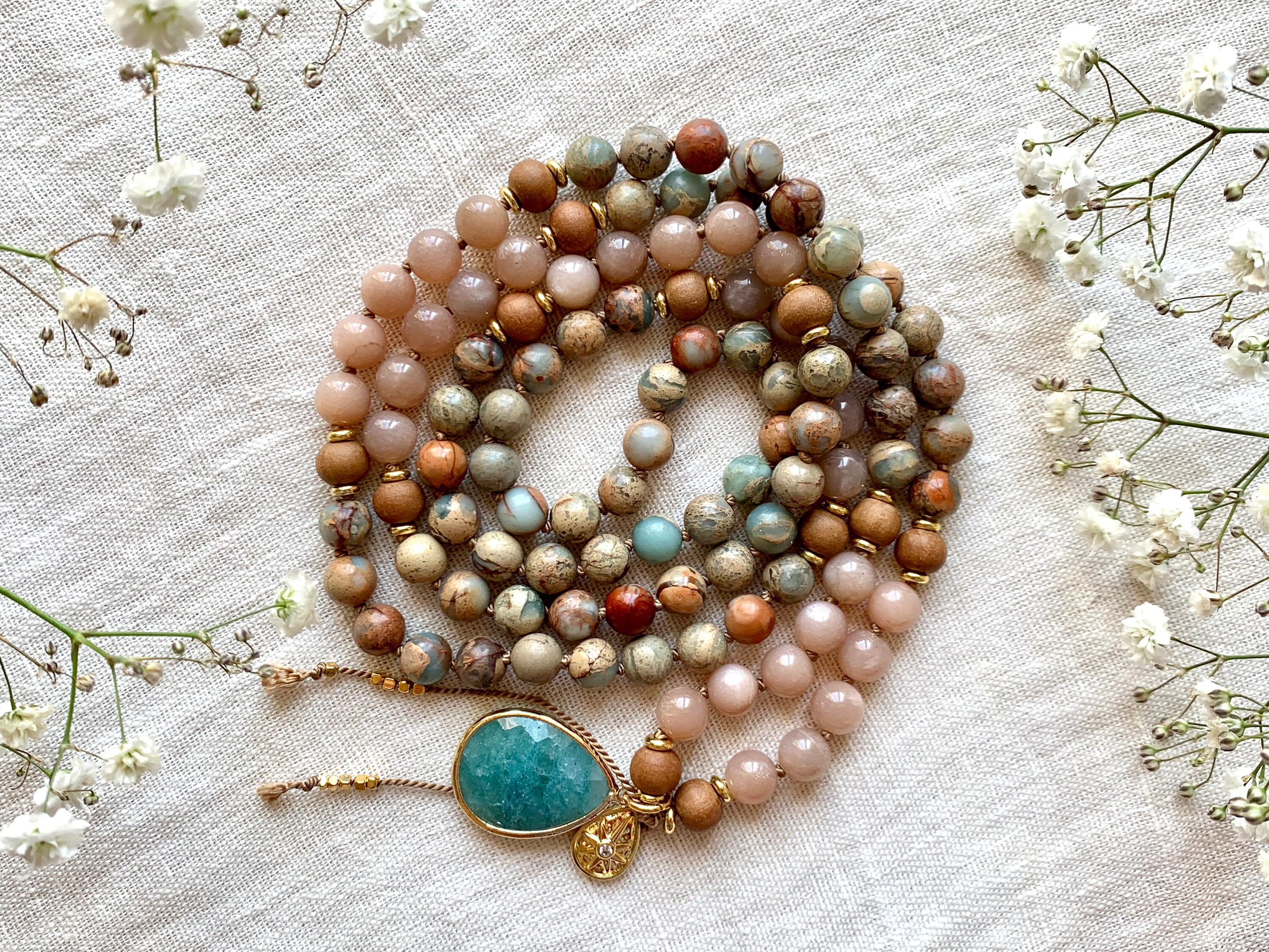 Sunstone Mala, Aqua Terra Jasper Mala, Sandalwood Mala, Sunstone ...