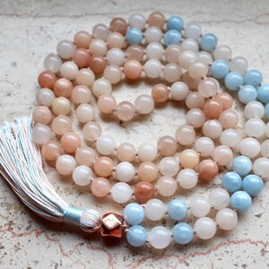 Aquamarine Mala Beads 108, Aventurine Mala Necklace, Knotted Mala ...