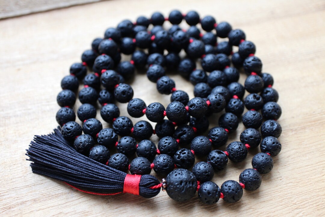 Lava Stone Mala Beads, 108 Mala Necklace, Knotted Mala, Tassel Necklace ...