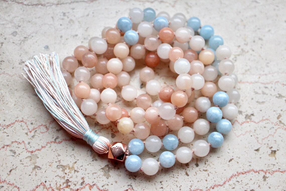 Aquamarine Mala Beads 108, Aventurine Mala Necklace, Knotted Mala ...