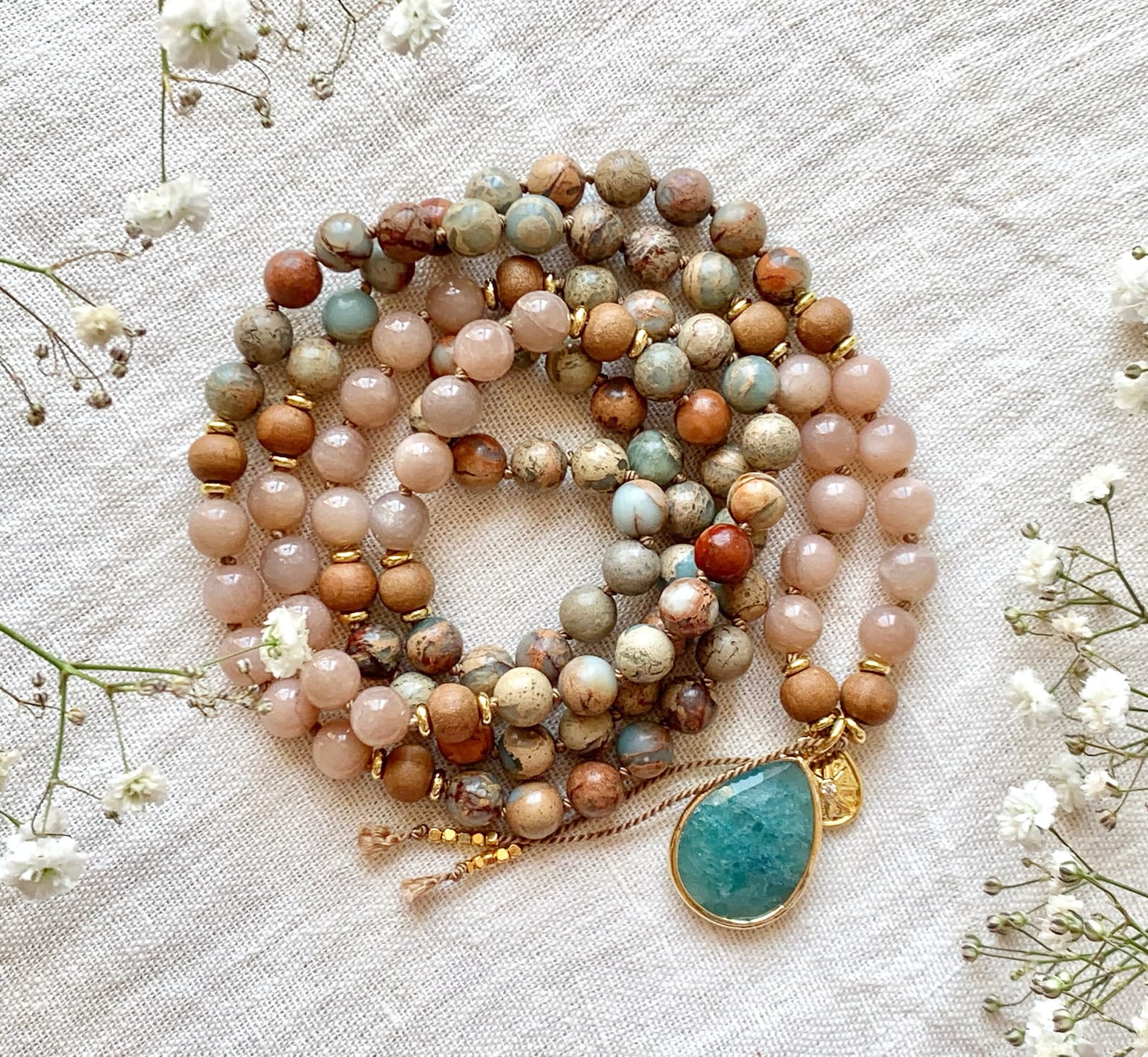 Sunstone Mala, Aqua Terra Jasper Mala, Sandalwood Mala, Sunstone ...
