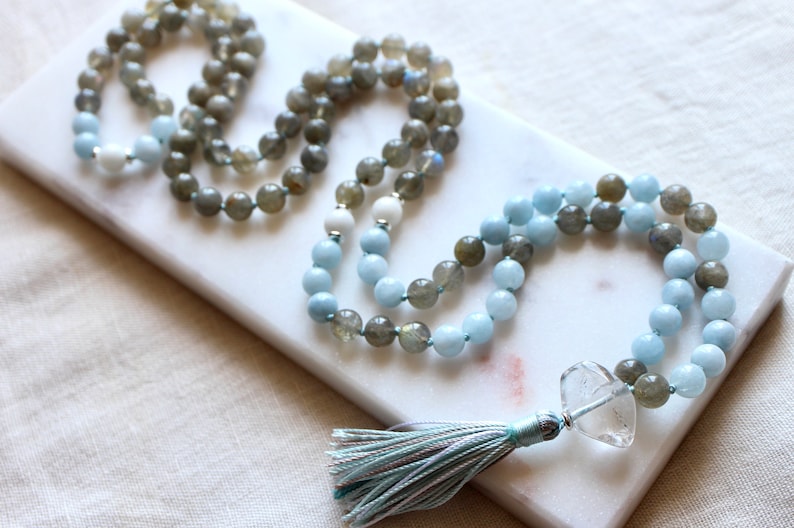 Labradorite Mala Beads 108, Aquamarine Mala Necklace, Knotted Mala ...
