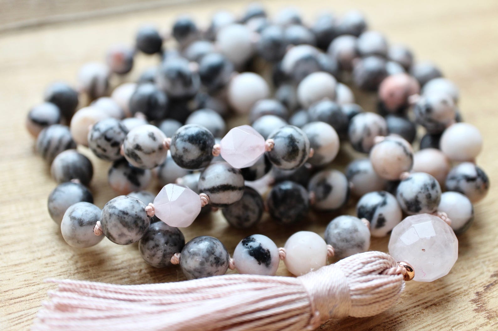 Zebra Jasper Mala Beads 108, Rose Quartz Mala Necklace, Knotted Mala ...