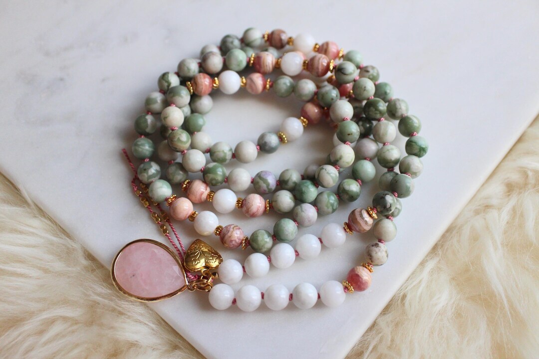 Peace Jade, Rhodochrosite, Moonstone Mala, Mala Necklace, 108 Mala ...