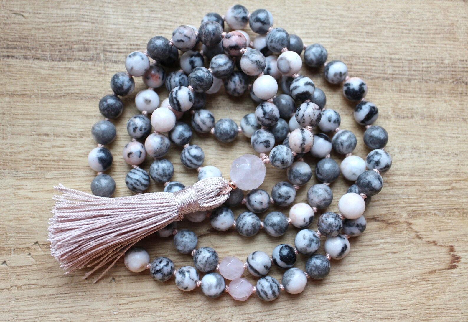 Zebra Jasper Mala Beads 108, Rose Quartz Mala Necklace, Knotted Mala ...