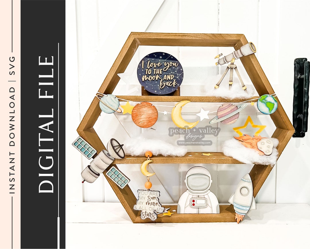 Outerspace SVG Laser Cut File Easy Space Themed Design for Tiered Tray Decor, Moon and Back ...
