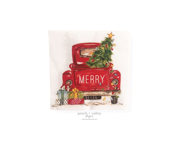 Merry Truck Tailgate Decoupage Cocktail Napkin | Christmas Craft Napkin ...